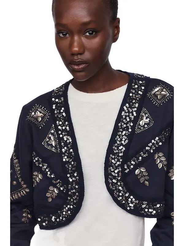 Anthropologie Beaded Shrug Top - Blue Pattern