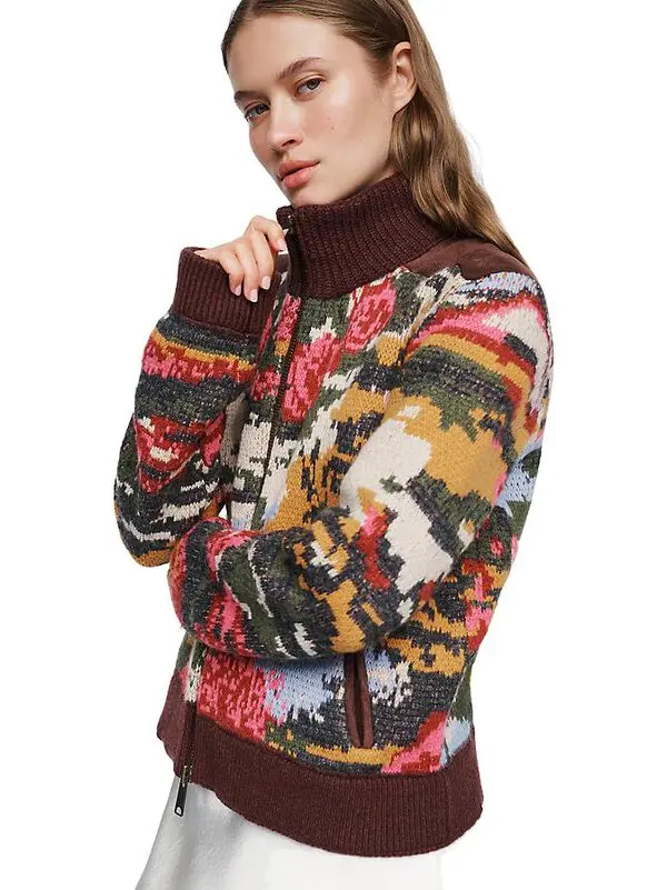 PILCRO Cotton Wool Blend Zip Up Sweater - Brown Pattern