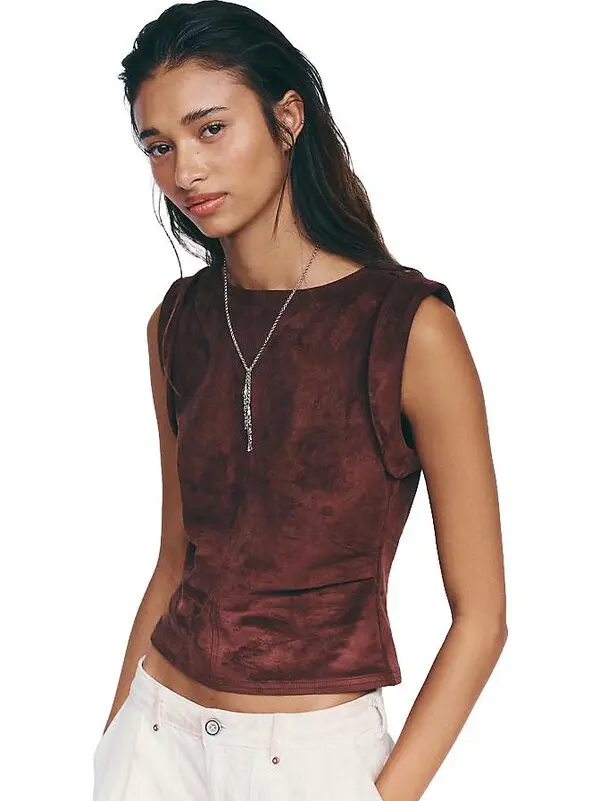 PILCRO Kendall Faux Suede Sleeveless Top - Chocolate
