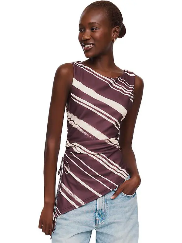MON RENN Lara 100% Cotton Asymmetrical Top - Painterly Plum Stripe