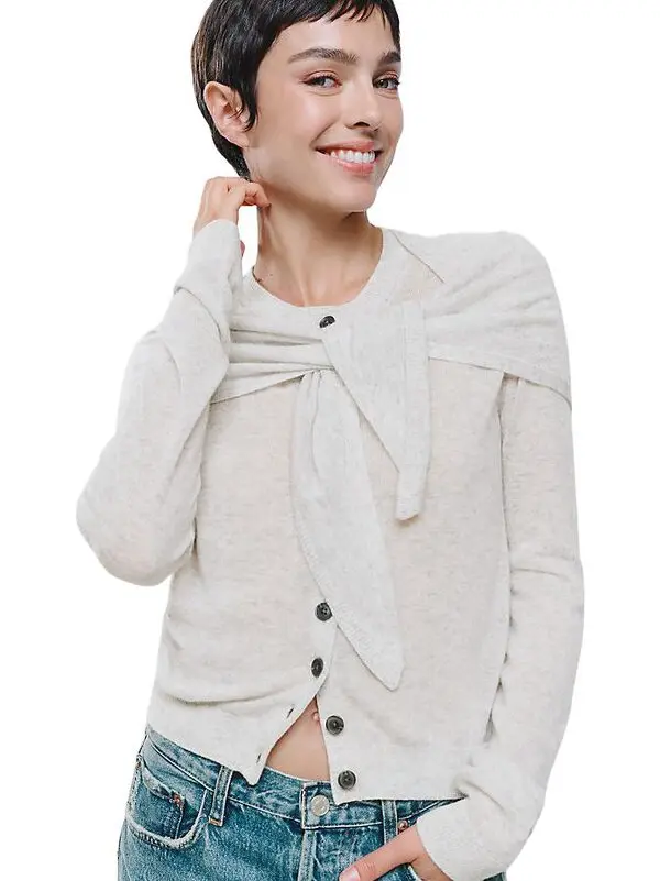 Maeve Wool Cashmere Cardigan With Scarf - Grey