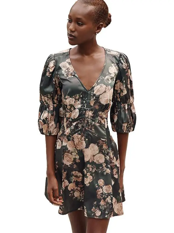 PILCRO Puff-sleeve Slip Mi Dress - Green Pattern