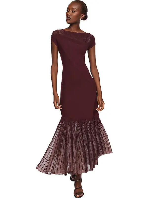 SIEMPRE Asymmetrical Pleated Hem Midi Dress - Maroon