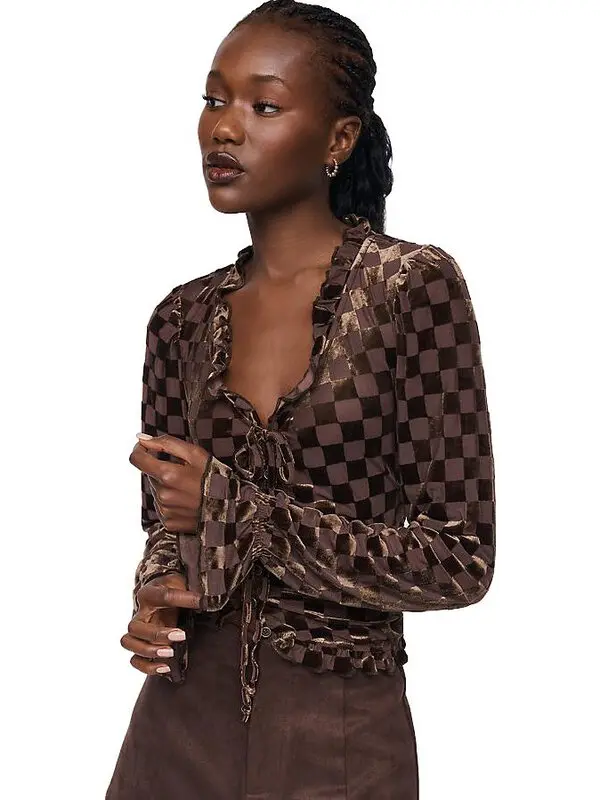 Anthropologie Checkered Flocked Cardigan Top - Brown Pattern