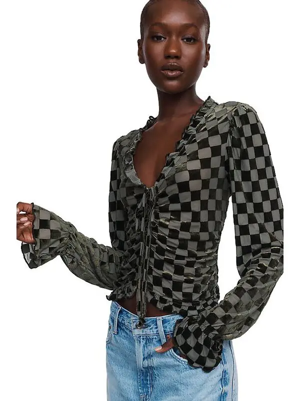 Anthropologie Checkered Flocked Cardigan Top - Green Pattern