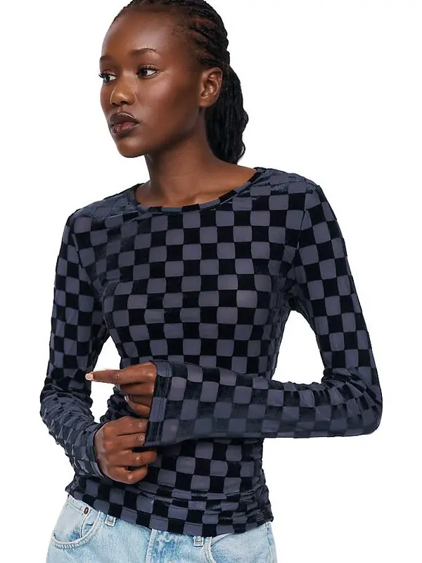 Anthropologie Long Sleeve Checkered Top - Black Pattern