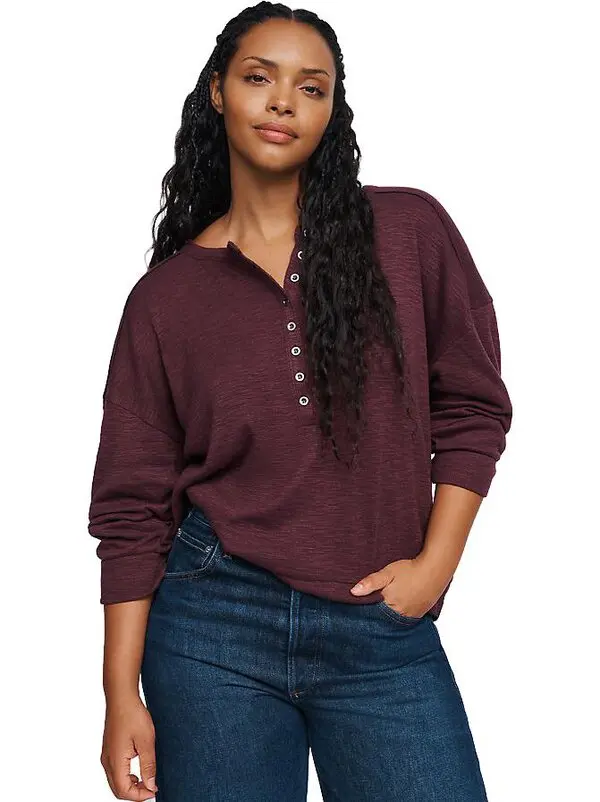 PILCRO 100% Cotton Slub Henley Top - Chocolate