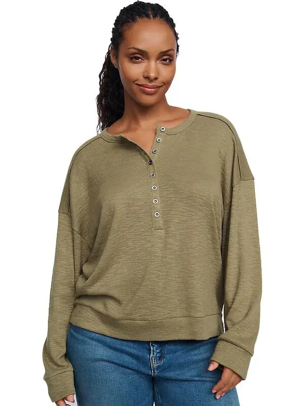 PILCRO 100% Cotton Slub Henley Top - Olive