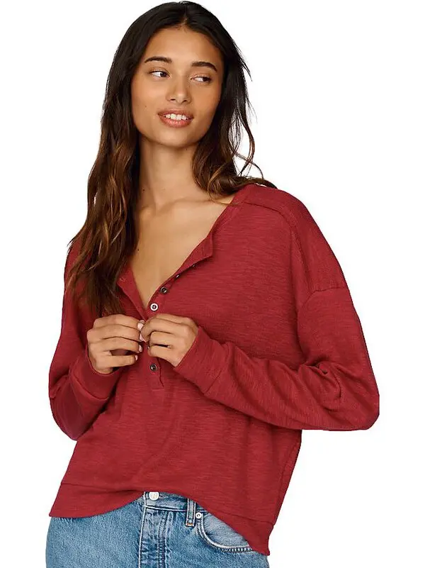 PILCRO 100% Cotton Slub Henley Top - Pomegranate