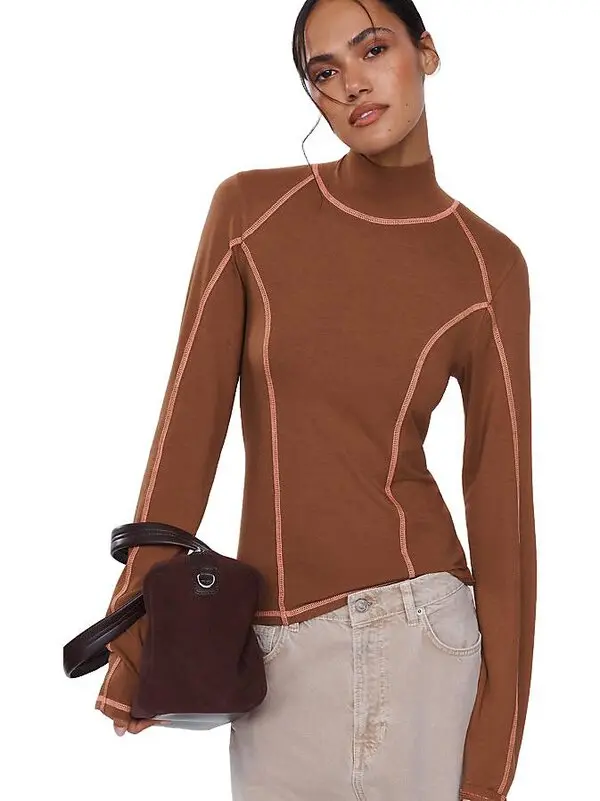 PILCRO Seamed Turtleneck Top - Camel