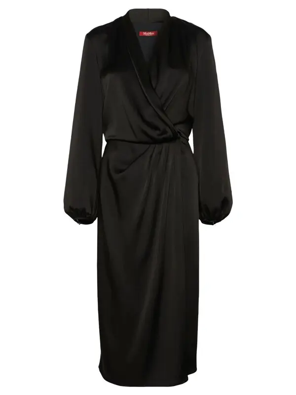 Max Mara Satin-lined Draped-waist V-neck Dress With Jeweled Cuff Buttons - Nero