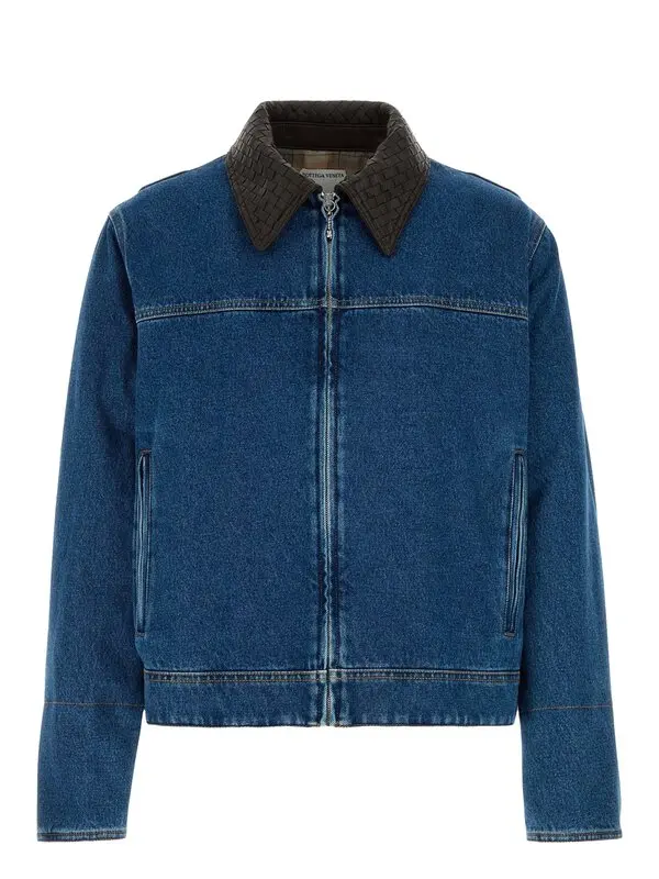 Bottega Veneta Intrecciato Leather Mini Collar Jacket With Concealed Zip & Side Pockets - Blu