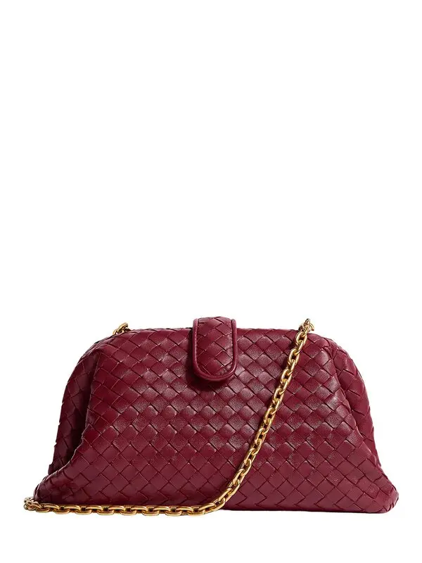 Bottega Veneta Mini Intrecciato Leather Clutch Crossbody With Brass-tone Chain - Rosso