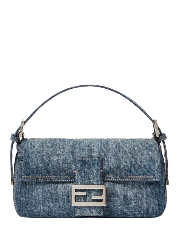 Fendi Mini Cotton Flap Shoulder Bag With Ff Buckle - Blu