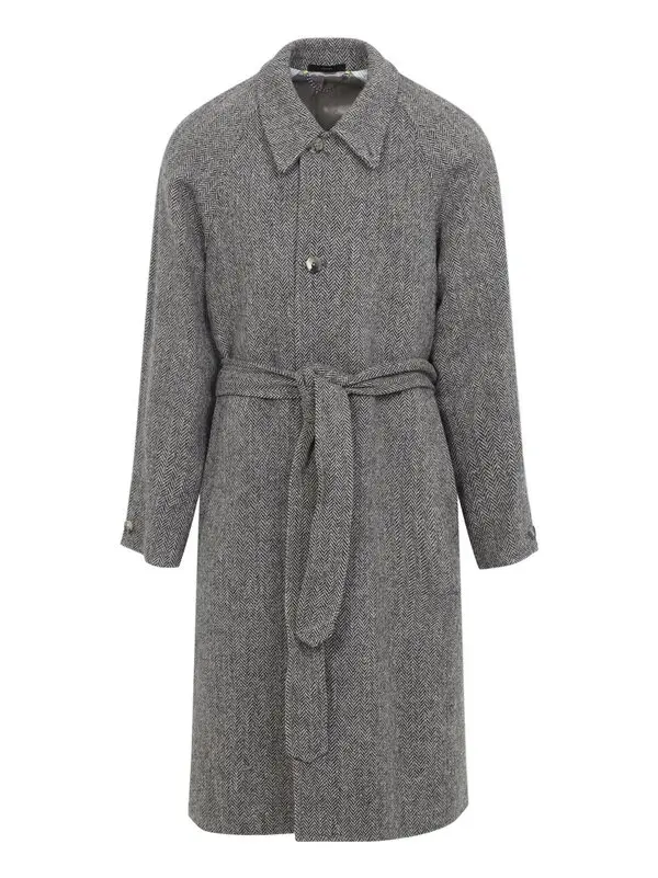 Paul Smith Herringbone Wool Belted Overcoat - Brown