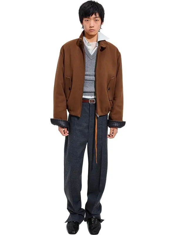 Bottega Veneta Relaxed Wool-cashmere Jacket With Intrecciato Leather Cuff Detail - Marrone