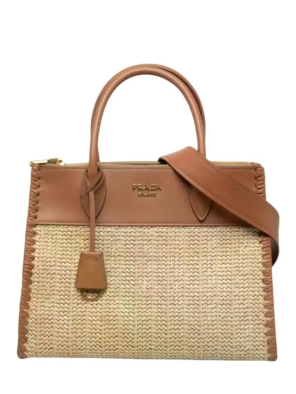 Prada 2013-2026 Raffia And City Calf Whipstitch Paradigme Satchel - Neutrals