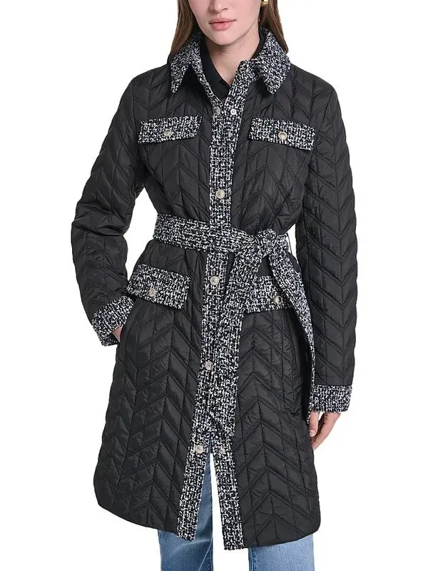 Karl Lagerfeld Paris Agyness Quilted Contrast Trim Coat - Black
