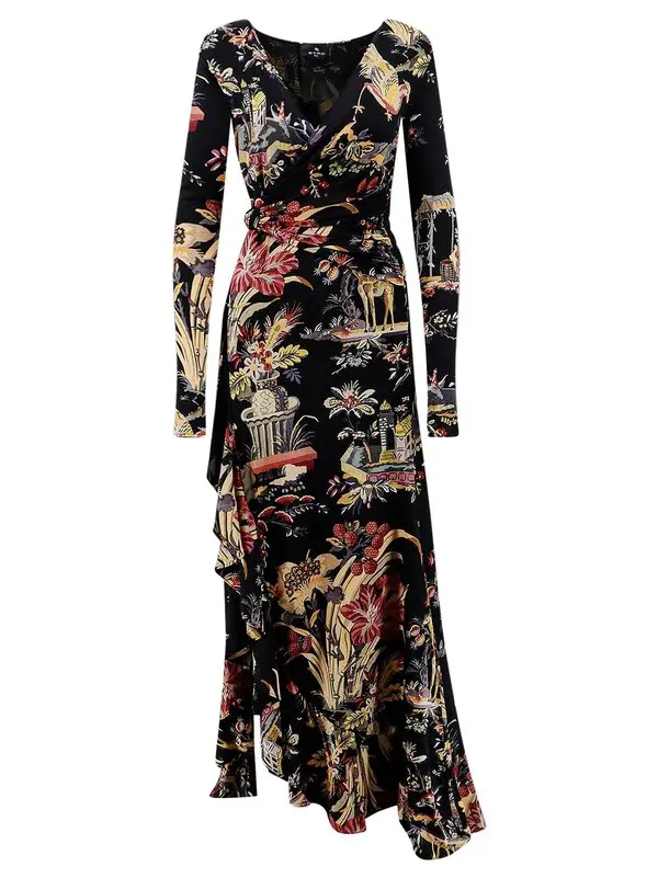 Etro Stretch Viscose Long Dress With Multicolor Print - Black