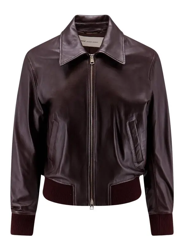 AMI Paris Bordeaux Leather Jacket With Zip - Red