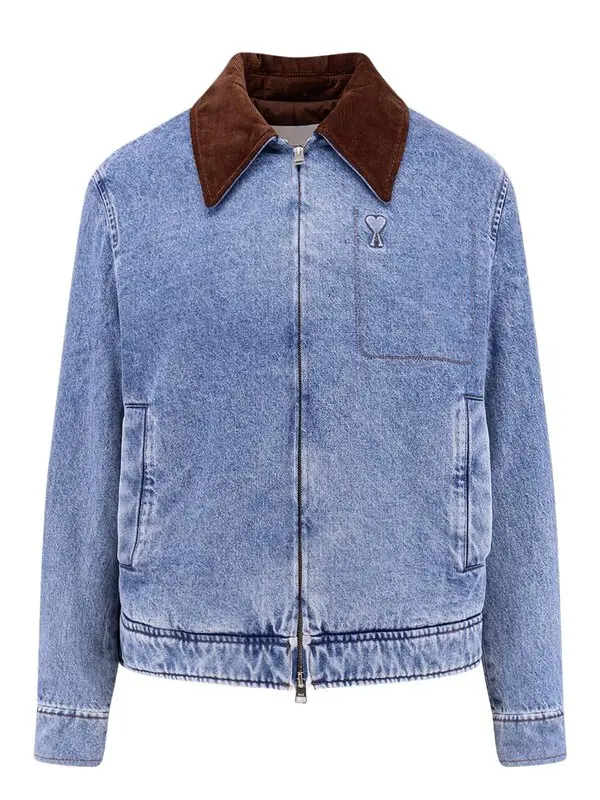 AMI Paris De Coeur Padded Denim Jacket With Zip - Blue
