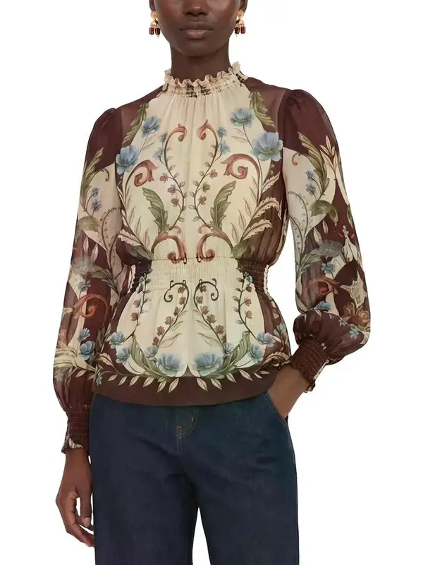 Farm Rio Floral-print Ruffled Blouse - Neutrals