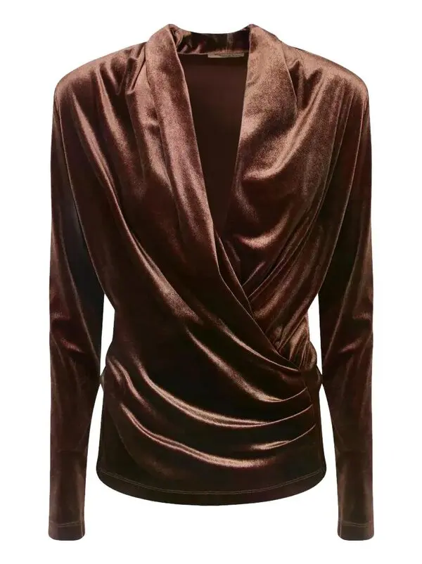 BLANCA VITA Draped Velvet Blouse - Brown