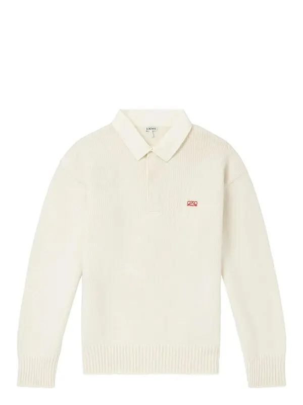 Loewe Logo-embroidered Cotton Twill-trimmed Wool-blend Polo Sweater - Cream