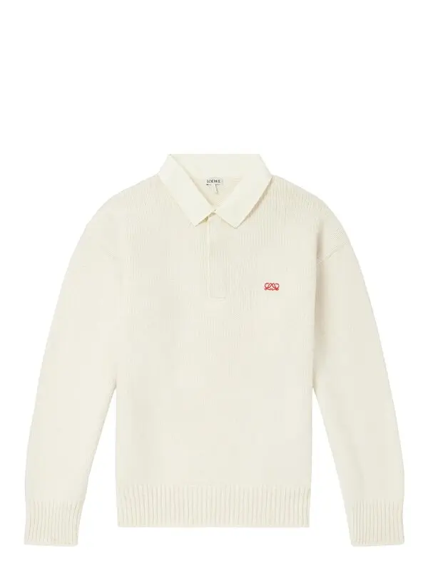 Loewe Logo-embroidered Cotton Twill-trimmed Wool-blend Polo Sweater - Neutrals