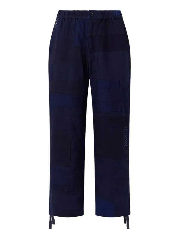 Blue Blue Japan Nenrin Wide-leg Drawstring Patchwork Cotton-sashiko Trousers - Blue