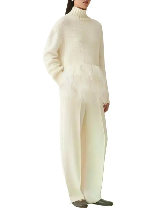 Fabiana Filippi Ostrich-feather-trim Ribbed-knit Sweater - Neutrals