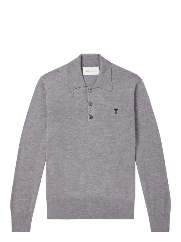 AMI Paris Logo-embroidered Merino Wool Polo Shirt - Gray