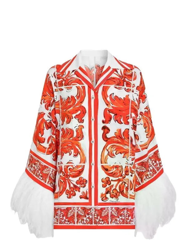 Dolce & Gabbana Majolica-print Charmeuse Shirt With Feather Trim - Red