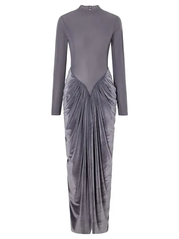 MAYGEL CORONEL Guernica Draped Mesh And Velvet Midi Dress - Stone