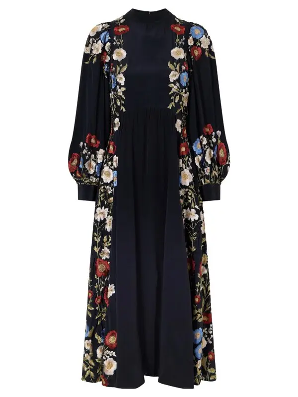 Sea Floral-embroidered Jacquard Midi Dress - Black