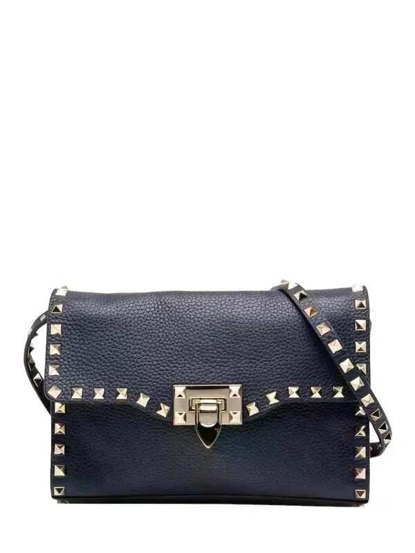 Valentino Garavani 2000-2017 Medium Pebbled Calfskin Rockstud Flip Lock Crossbody Bag - Blue