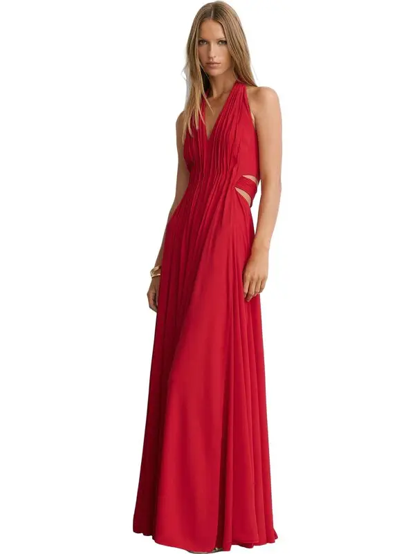 REISS Cara Halterneck Pleated Maxi Dress - Red