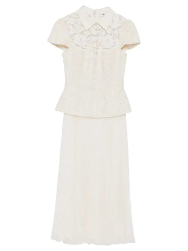 SELF-PORTRAIT Lace-panelled Pleated Midi Dress - Beige