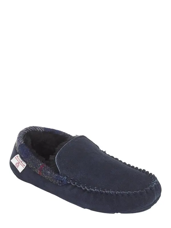 BEDROOM ATHLETICS Hanks- Suede Moccasin Slippers With Harris Tweed Navy - Blue