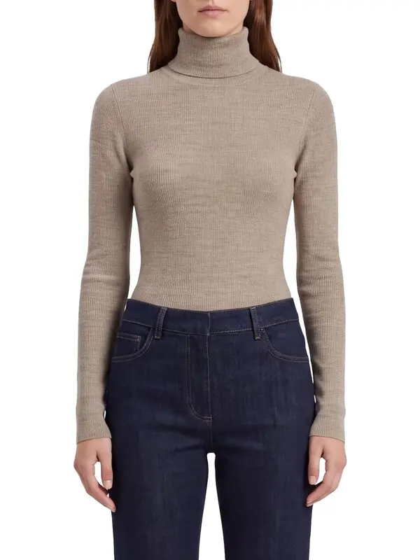 Max Mara Slim Fit Ribbed Pure Virgin Wool Turtleneck - Brown