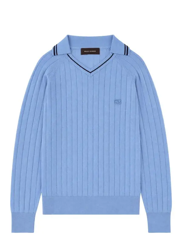 WALES BONNER Polo A Coste Con Scollo A V - Azure