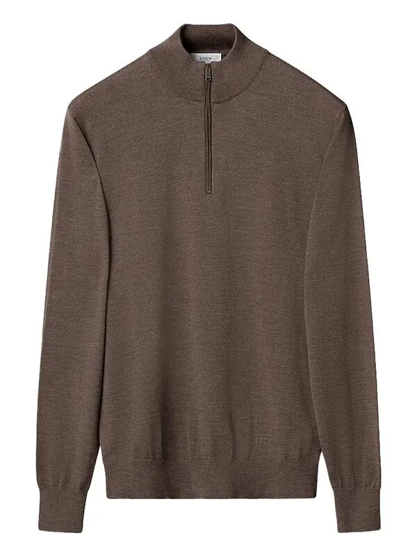 Eton Merino Wool Quarter Zip Knit Sweater - Medium Brown