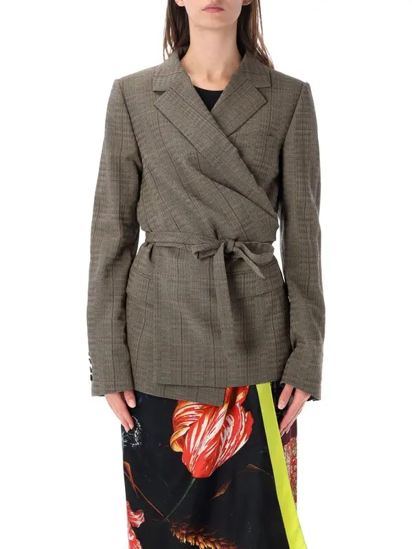 Dries Van Noten Plaid Wrap Blazer Jacket - Cement