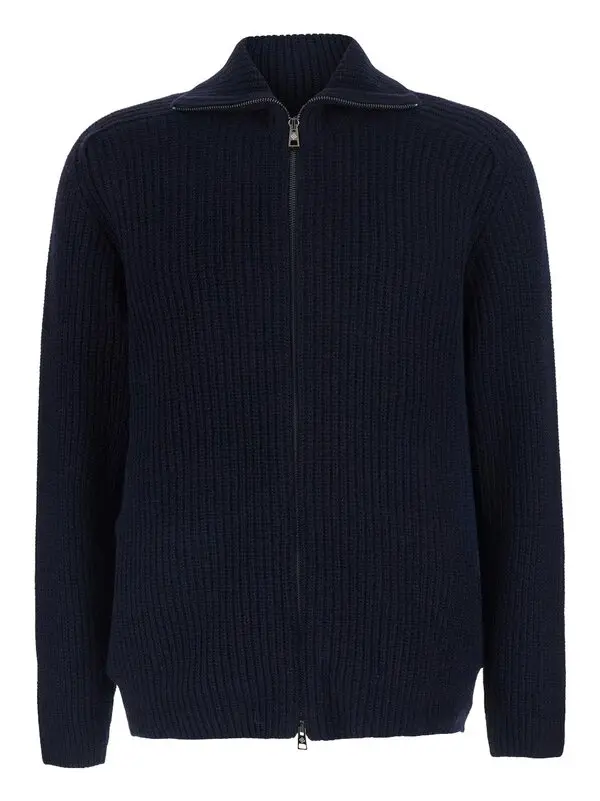 Tagliatore Ribbed Wool Zip-front Cardigan With High Collar - Blu
