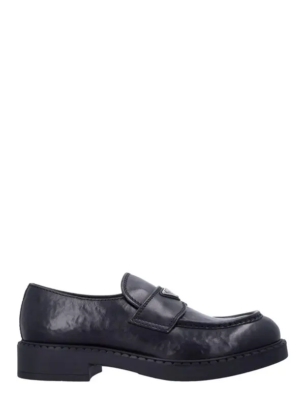 Prada Aged Leather Loafers With Elastic Gusset, Enameled Logo & Lightweight Rubber Sole - Nero