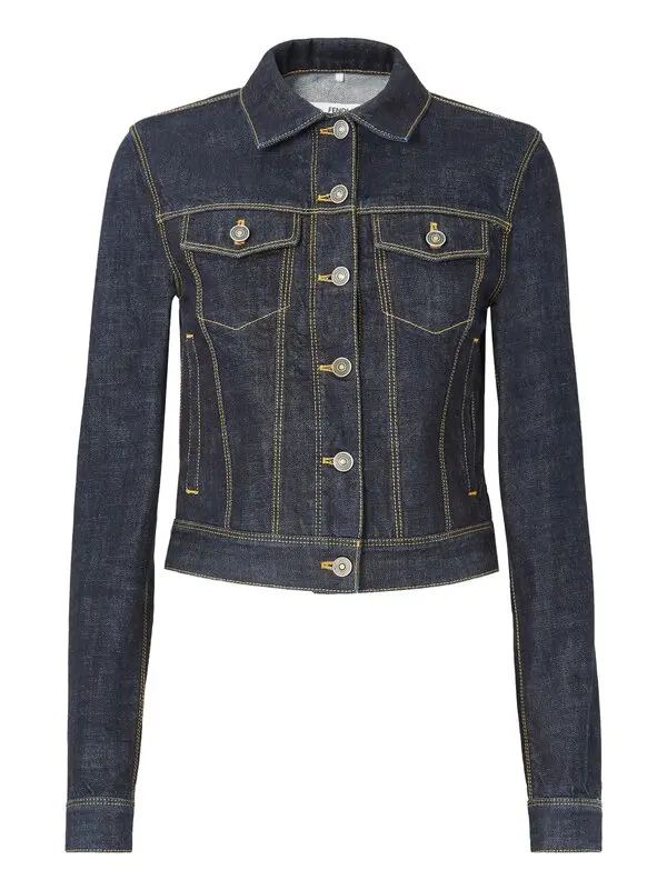 Fendi Mini Short Denim Jacket In Regenerated Cotton With Contrast Stitching - Blu
