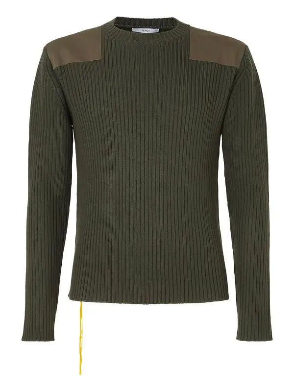 Fendi Stencil 1925 Crewneck Wool Sweater With Shoulder Patches And Contrast Stitching - Verde