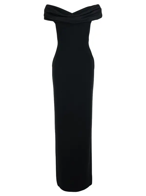 Solace London Off-shoulder Draped Neckline Tech Fabric Long Dress - Black