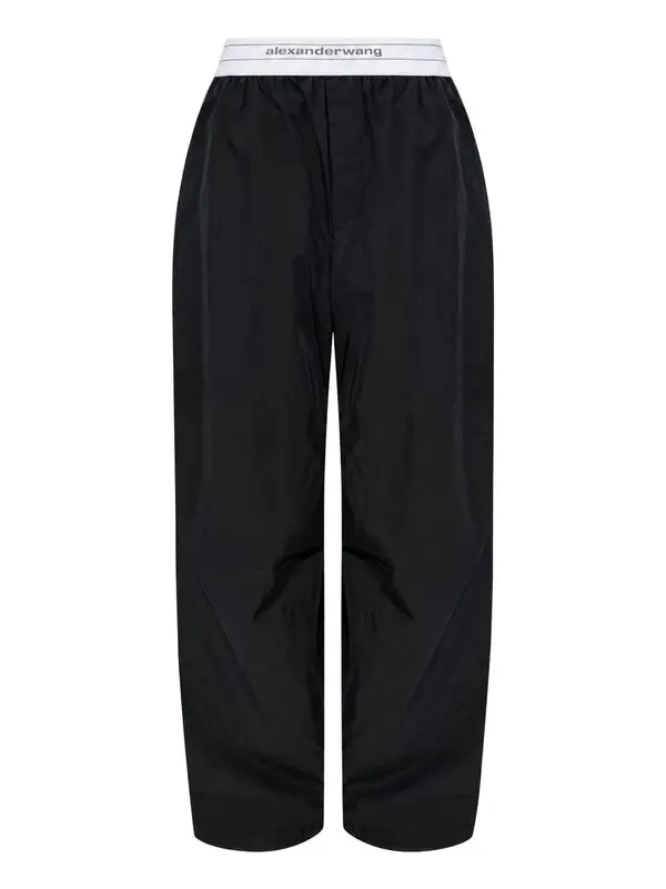 Alexander Wang Logo Cotton Trousers With Elastic Waistband, Wide-leg & Pleated Front - Black