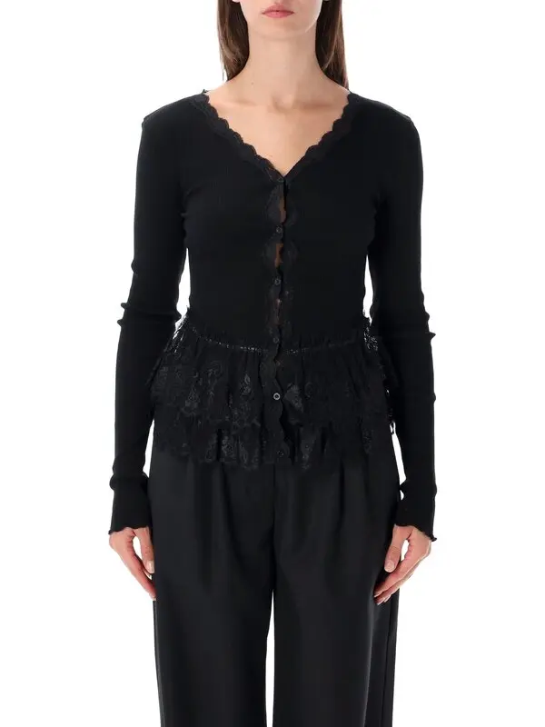 OPERASPORT Lace-trim Button-front Ribbed Top - Nero